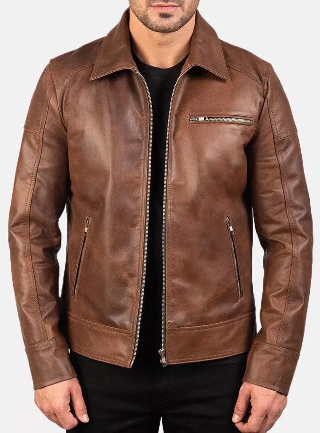Cafe Racer Men's Leather Jacket Moto Brown Genuine Sheep Skin Leather - Etsy
