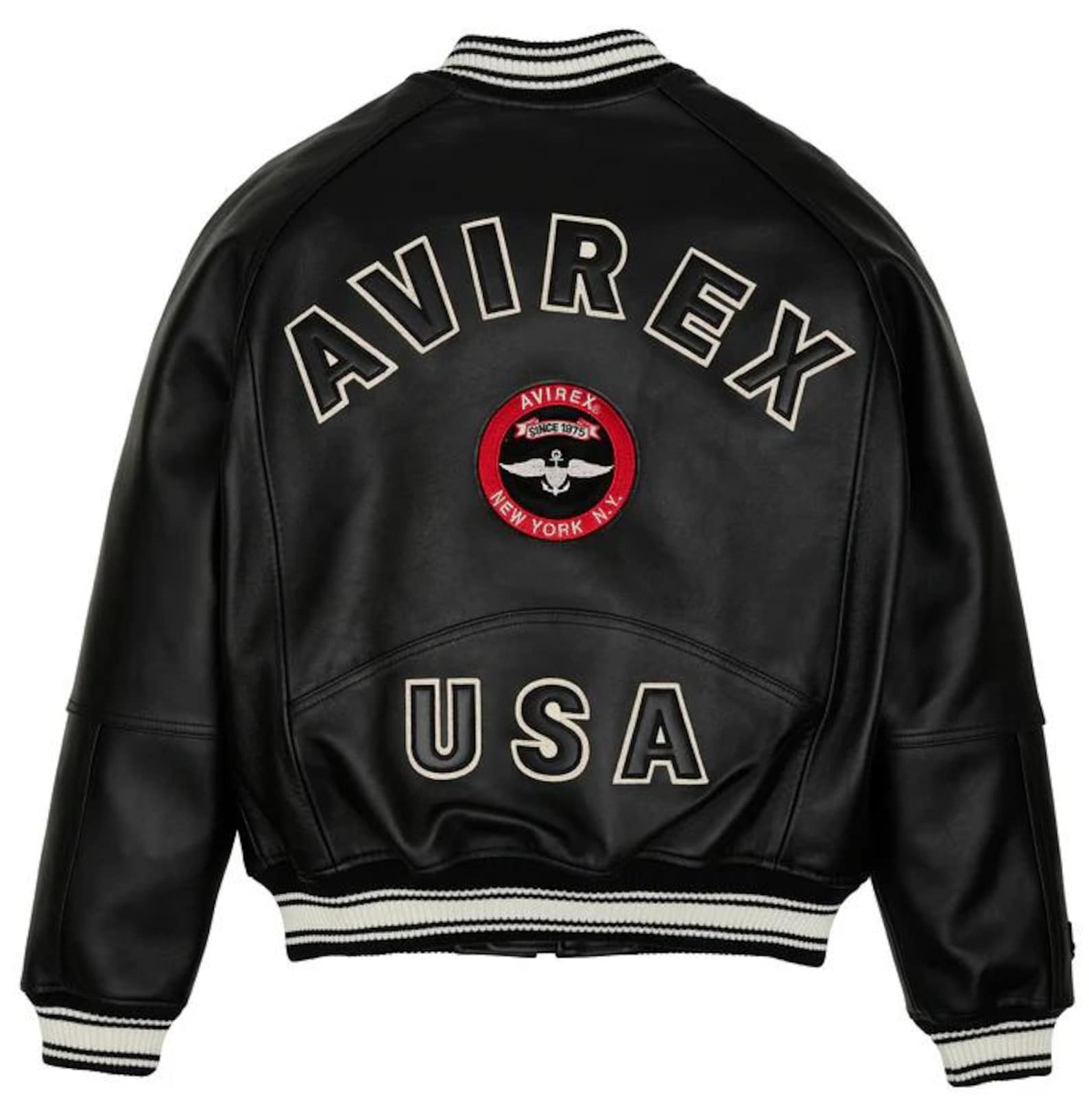 Leather Avirex Stadium Jacket - Black Real Bomber American Flight ...