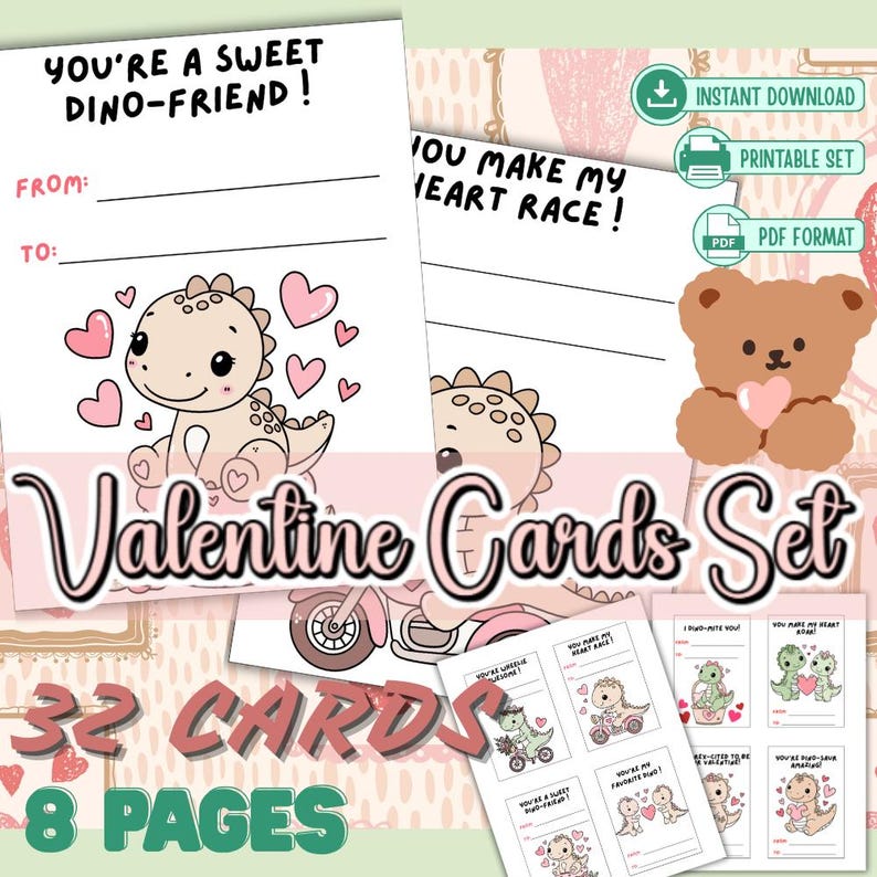 32 Dinosaur Valentine Cards Printable for Kids | Dino & T-Rex Valentine ...