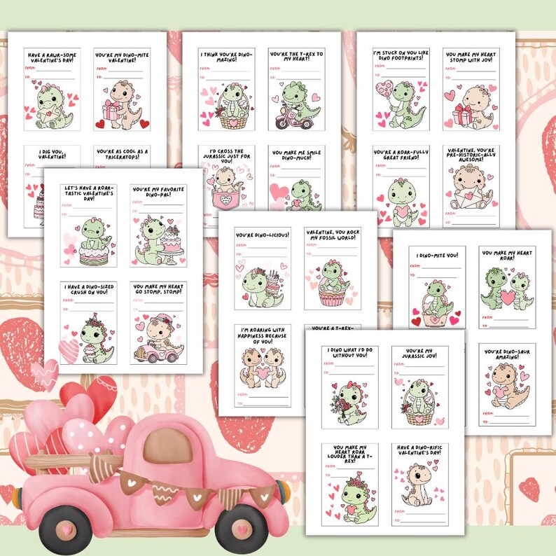 32 Dinosaur Valentine Cards Printable for Kids | Dino & T-Rex Valentine ...
