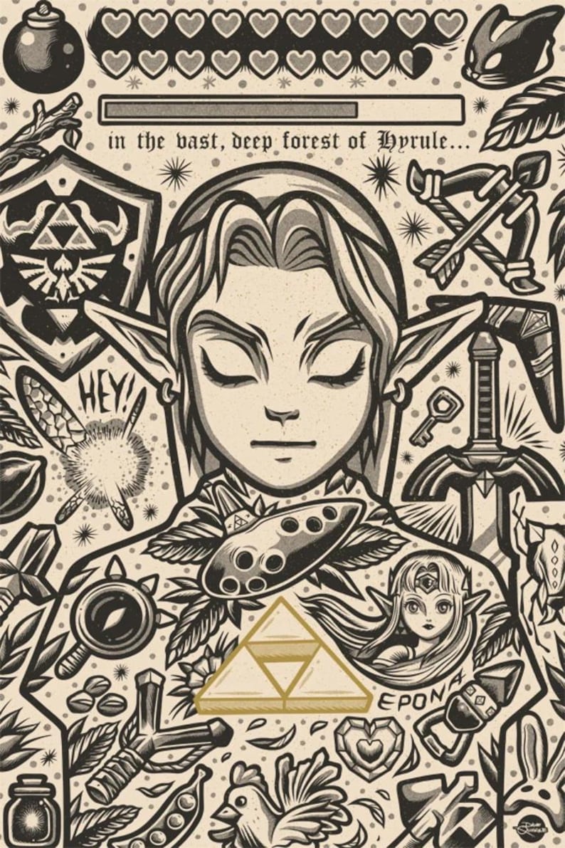 Link Tattoo Style Art Print - Pop Culture Screen Print Wall Wart ...