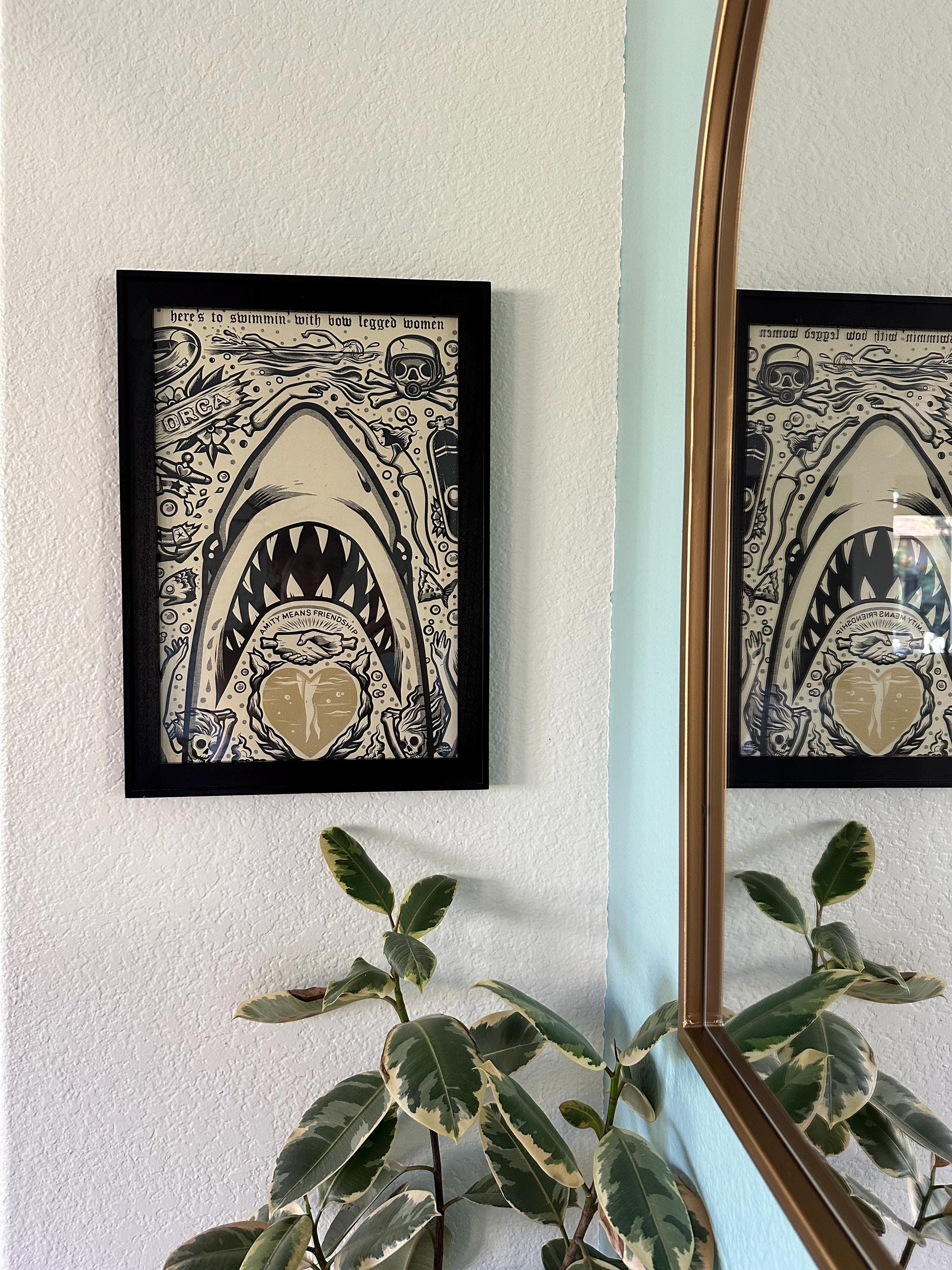 Jaws Tattoo Style Art Print - Pop Culture Screen Print Wall Art, Movie ...