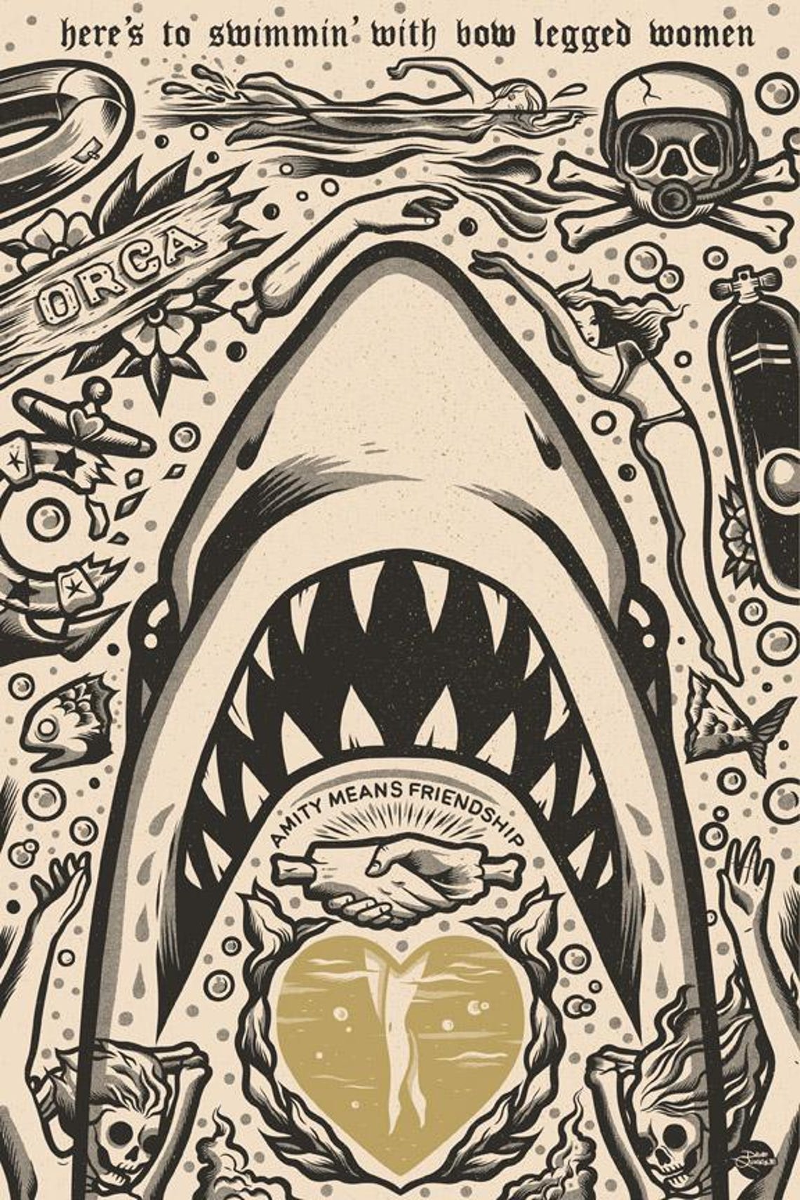 Jaws Tattoo Style Art Print - Pop Culture Screen Print Wall Art, Movie ...