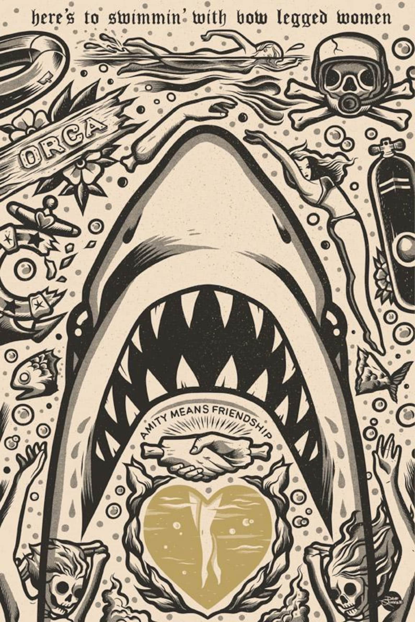 Jaws Tattoo Style Art Print - Pop Culture Screen Print Wall Art, Movie ...