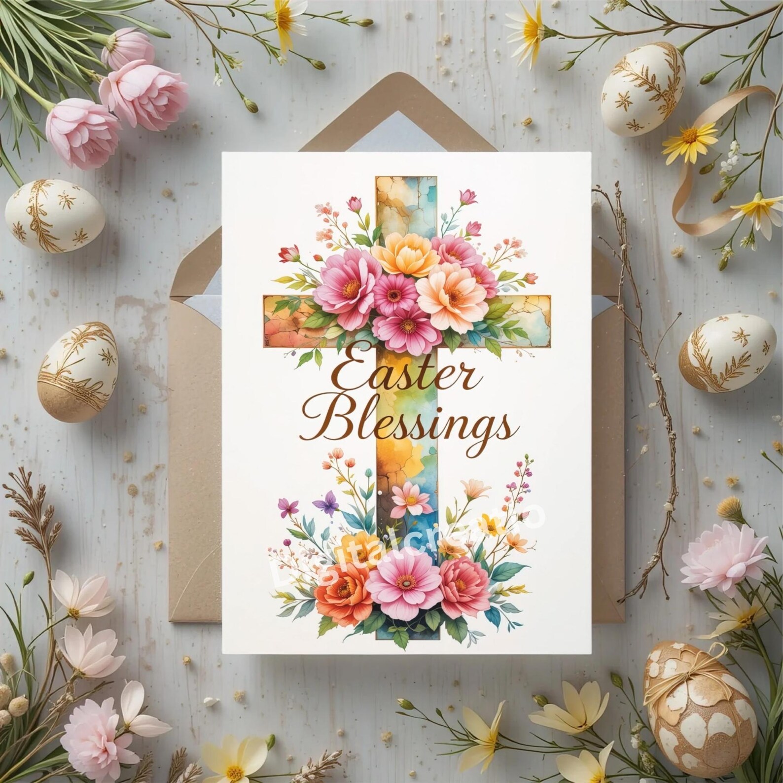Easter Blessings Printable Card Floral Happy Easter Greeting Digital ...