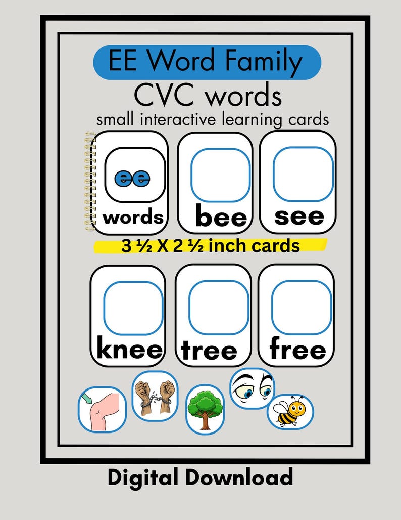 EE Word Family CVC Cards | Long E Phonics | Printable Reading Cards ...