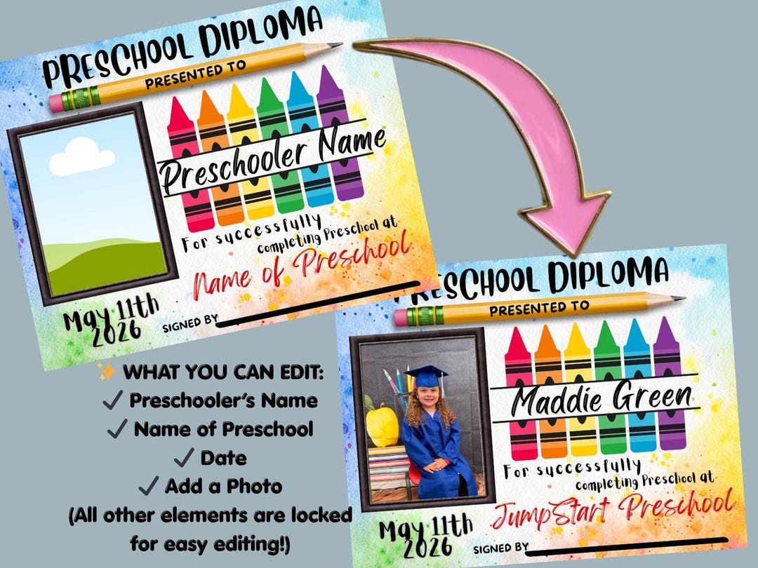 Preschool Diploma Editable Canva Template | Pre K Graduation ...