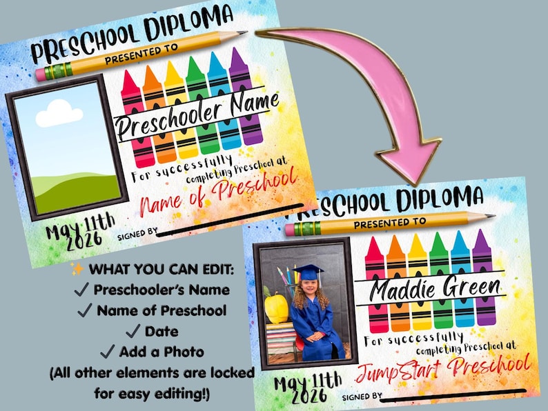 Preschool Diploma Editable Canva Template | Pre K Graduation ...
