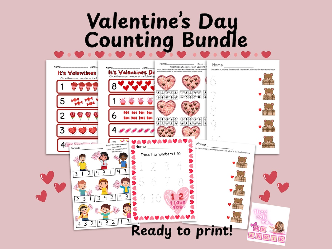 Valentine's Day Math Worksheet Bundle | Preschool Printable (PDF) - Etsy