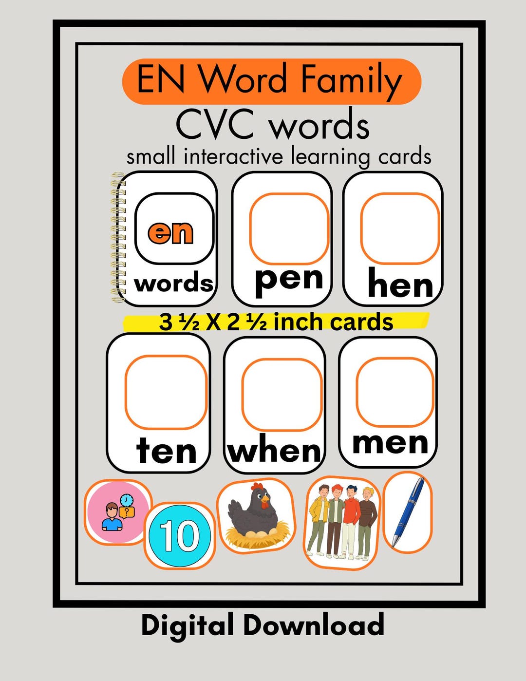 EN Word Family CVC Cards | Short E Phonics | Printable Reading Cards ...