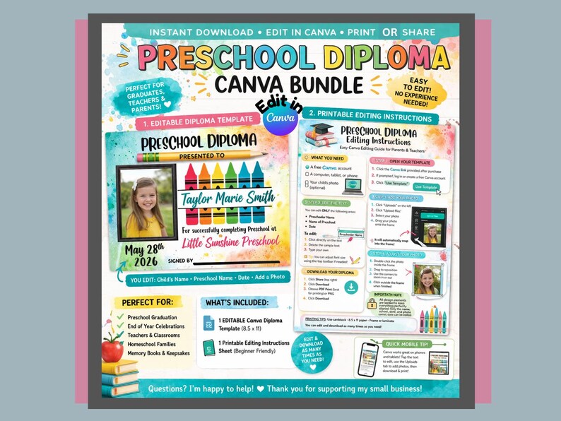 Preschool Diploma Editable Canva Template | Pre K Graduation ...