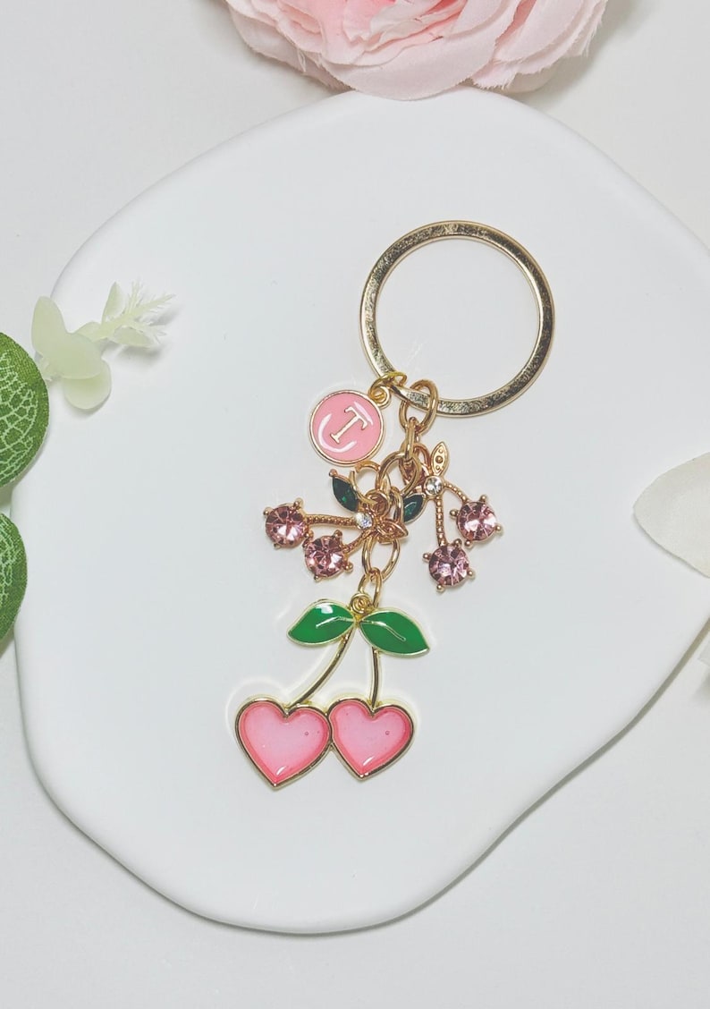 Pink Cherry Heart Keychain | Custom Letter Keyring | Cute Fruit Charm ...