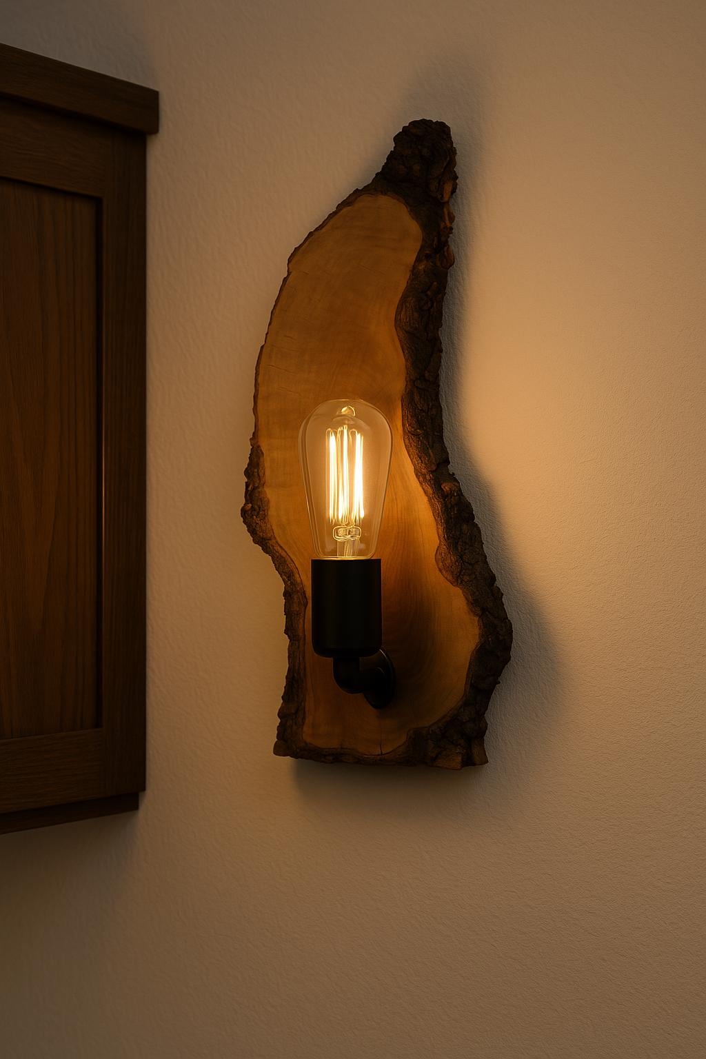 Handcrafted Custom Made Wooden Real Wood Piece Rustic Bulb, Wall Sconce ...
