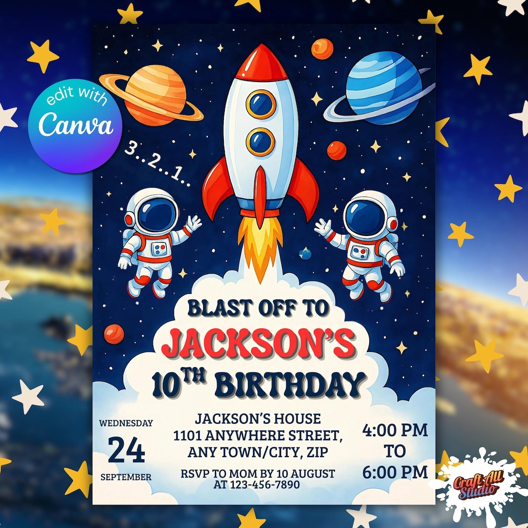 Space Birthday Party Invitation – Astronaut & Rocket, Galaxy Outer ...