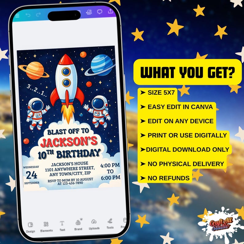 Space Birthday Party Invitation – Astronaut & Rocket, Galaxy Outer ...