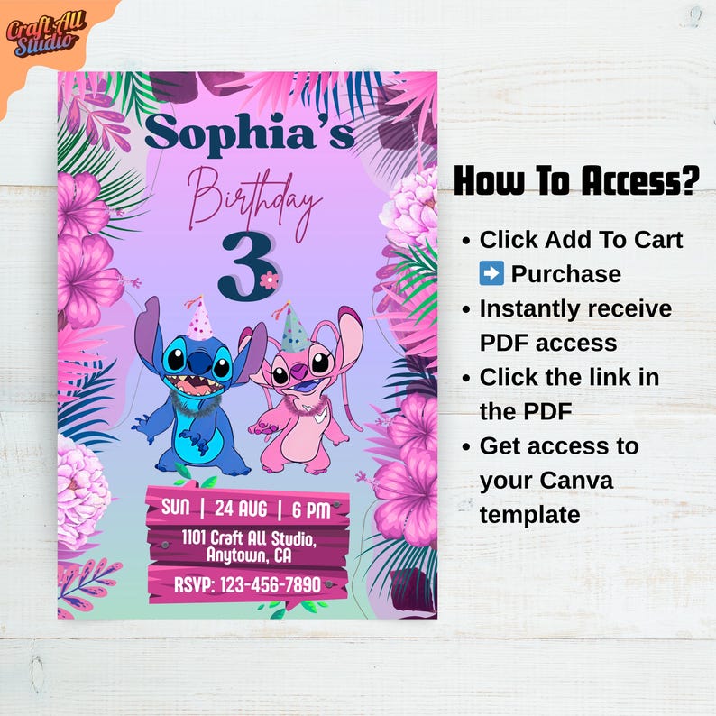 Stitch and Angel Birthday Invitation Card, Lilo and Stitch Birthday ...