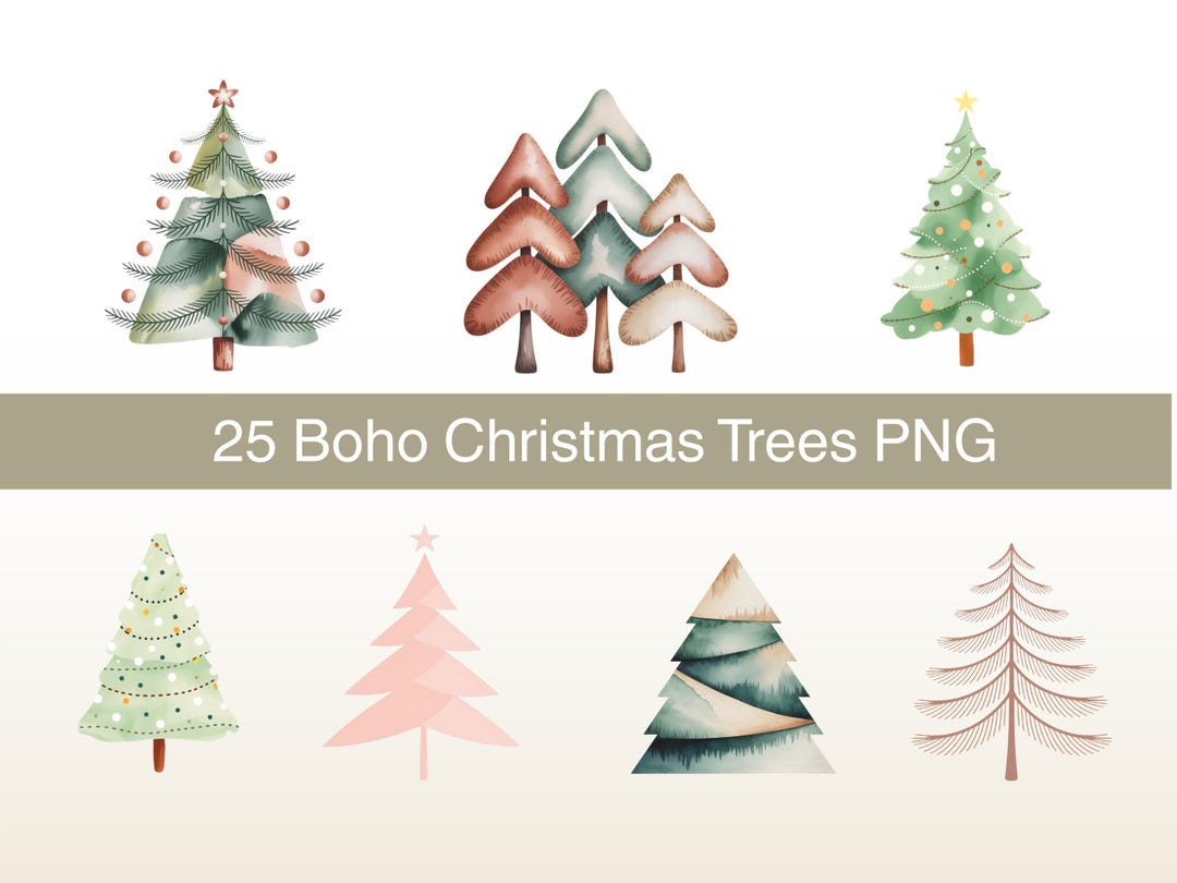 25 Boho Christmas Tree PNG Clipart | Neutral Holiday Trees Watercolor ...