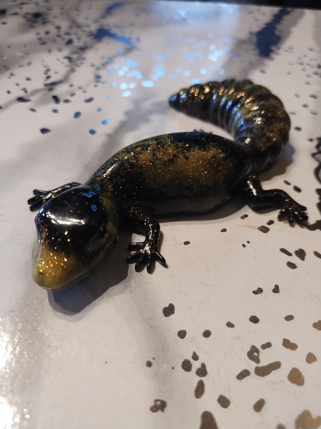 Leopard Gecko Lizard Figurine Paperweight or Table Decor Black and Gold ...