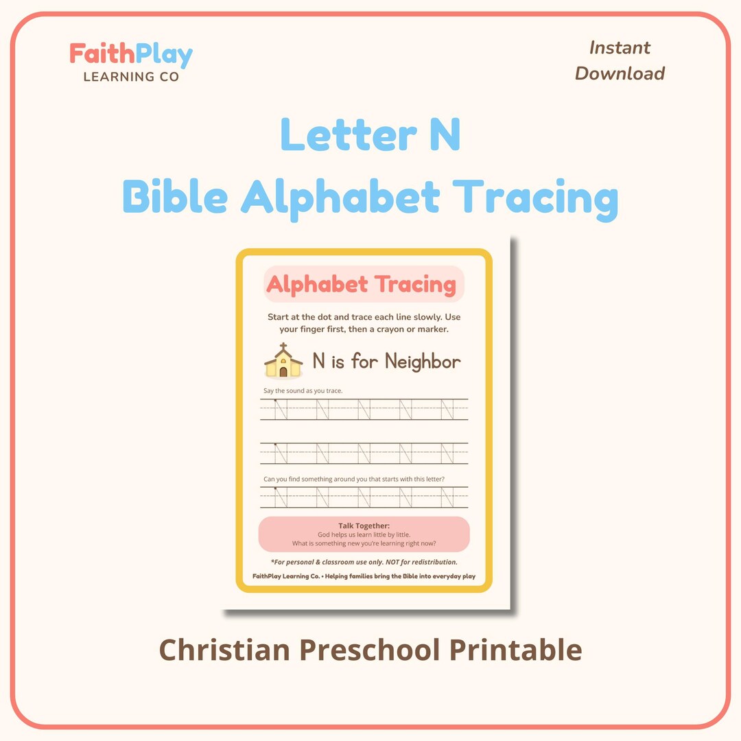 Letter N Bible Alphabet Tracing | Christian Preschool Printable | Faith ...