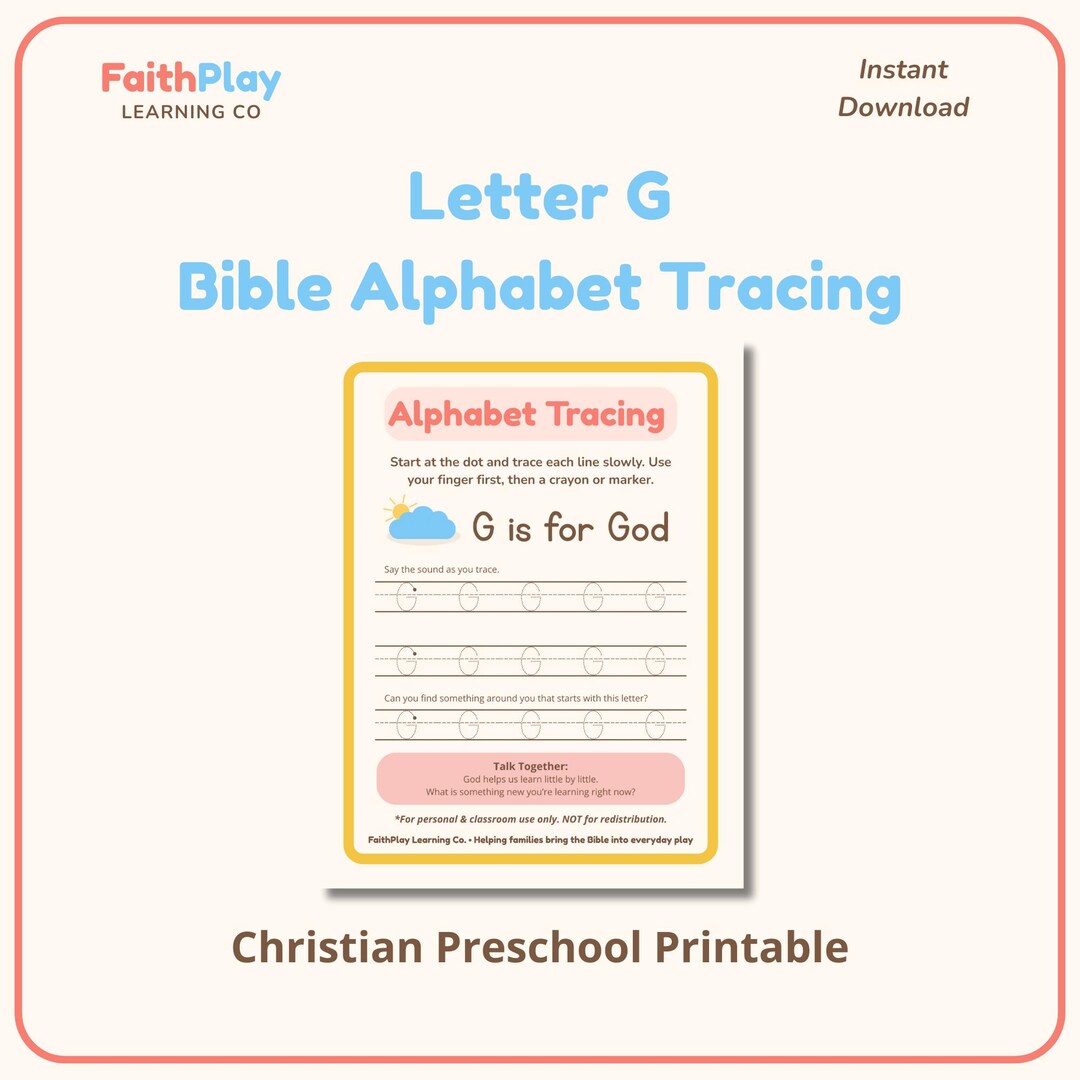 Letter G Bible Alphabet Tracing | Christian Preschool Printable | Faith ...