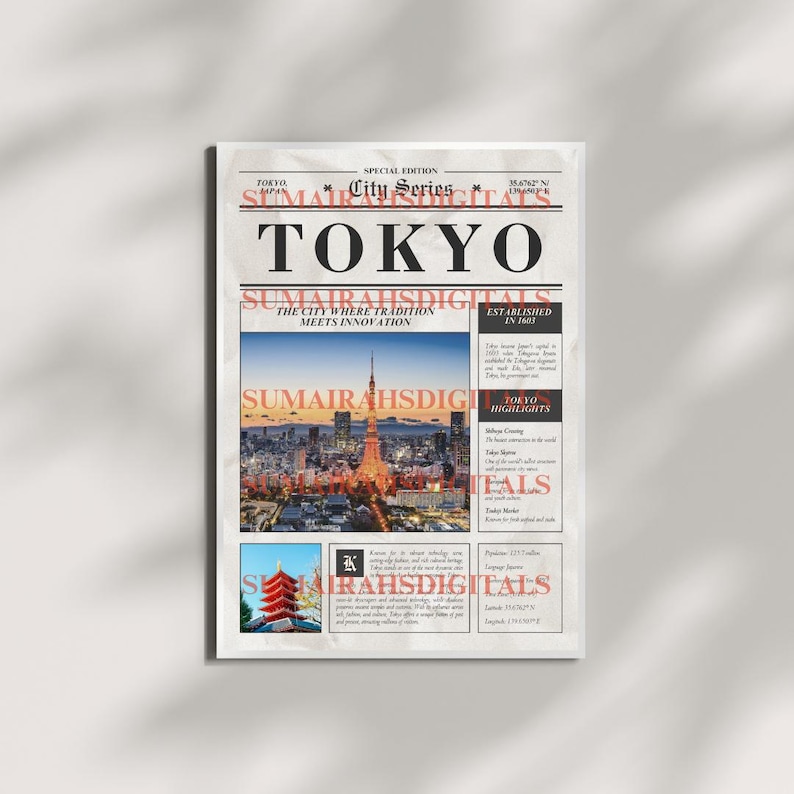 Vintage Newspaper Tokyo Travel Poster Digital Print - Etsy