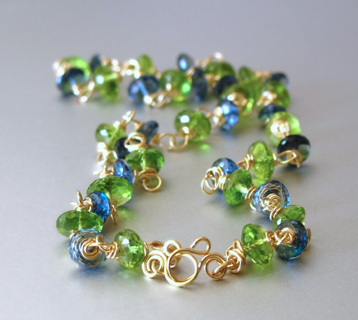 Waterfall 18k Solid Gold London Blue Topaz and Peridot - Etsy