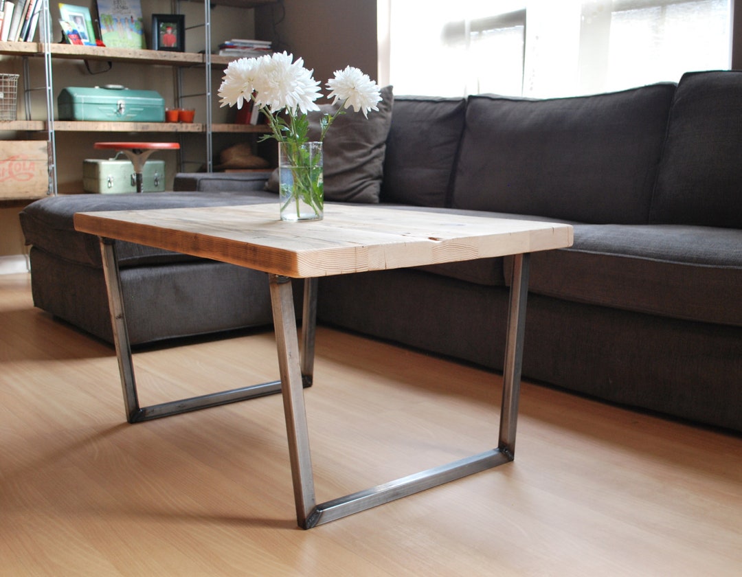 Wood and Steel Coffee Table With Square Steel Legs and - Etsy