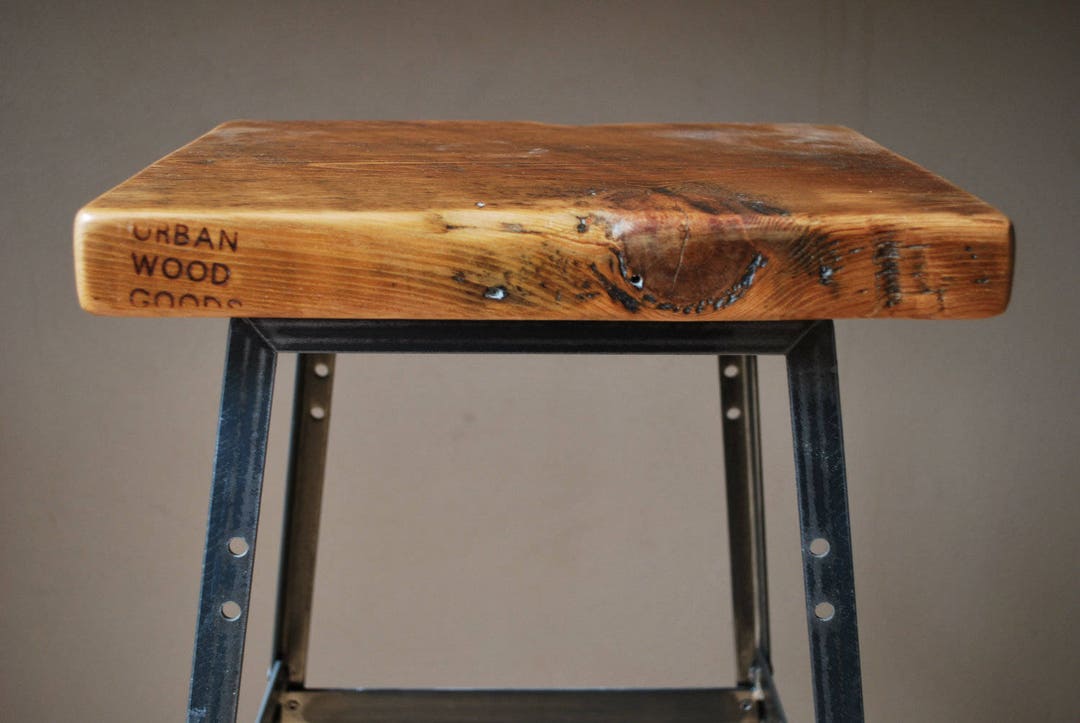 2 Reclaimed Wood and Steel Industrial Shop Stools. Qty 2 25 Counter ...