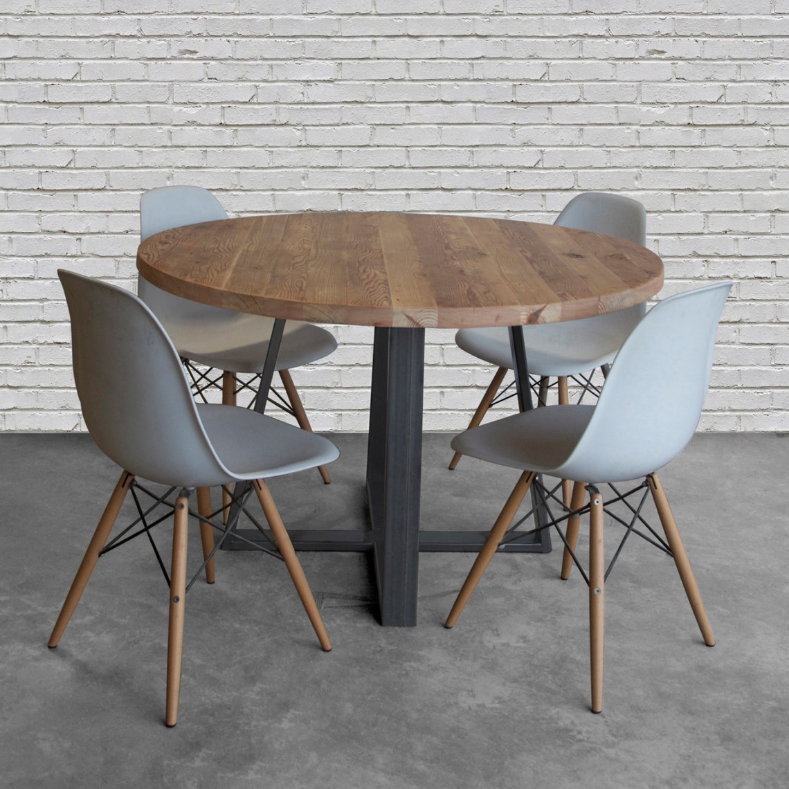 Round Dining Table Made With Reclaimed Wood and Steel Criss | Etsy