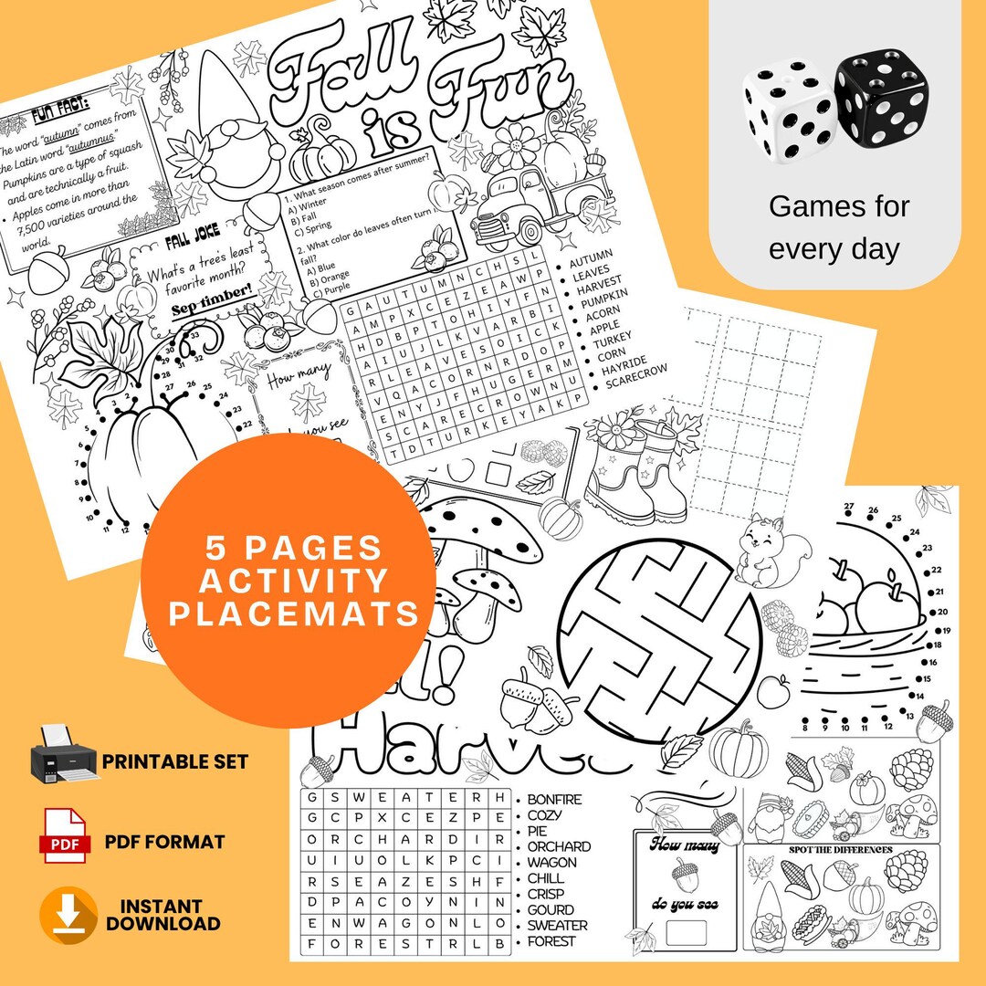 Fall Activity Placemats for Kids: Autumn Puzzles & Coloring (printable ...