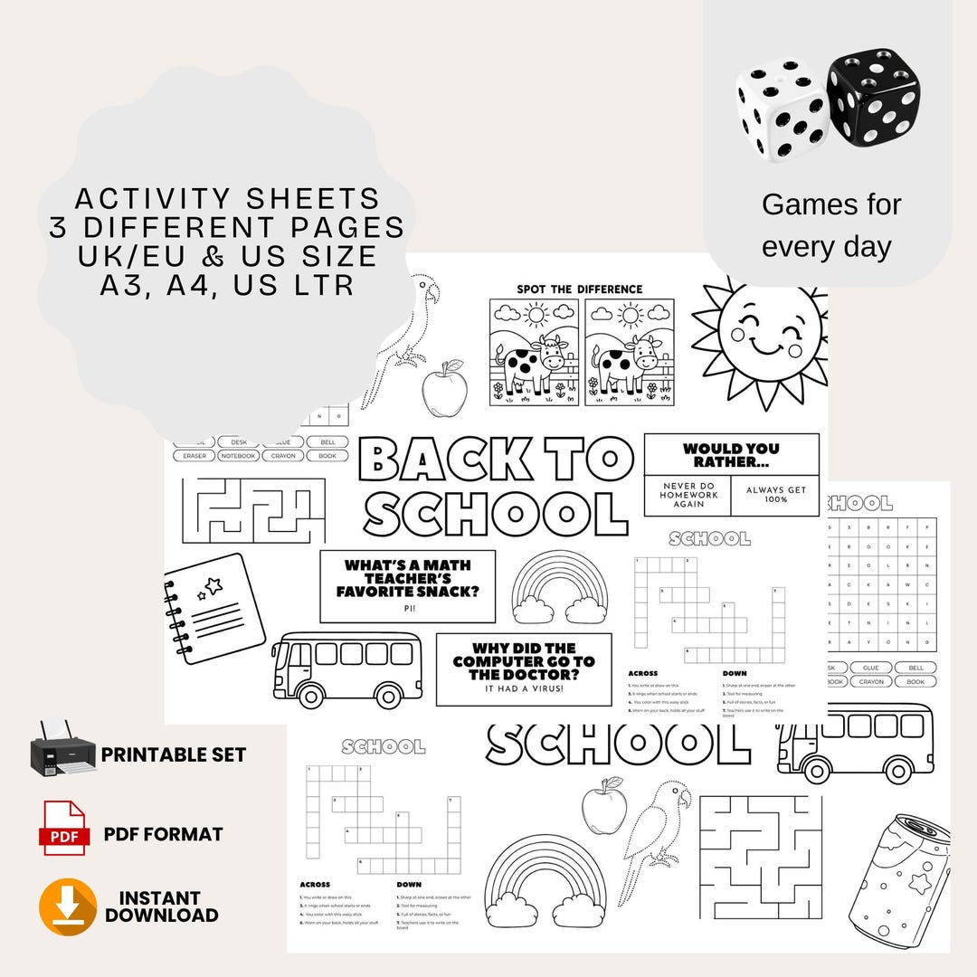 Back to School Activity Placemats Printable | Kids School Games ...