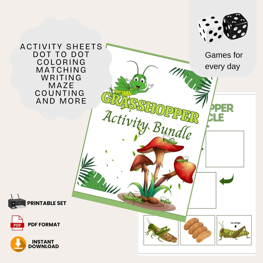 Grasshopper Activity Sheets: Kids Coloring, Mazes, Dot to Dot ...