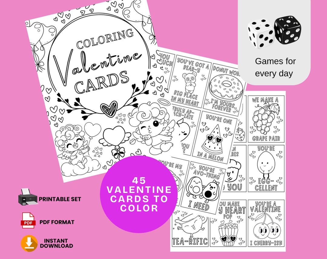 Valentine Coloring Cards for Kids: Printable Color Your Own Card (PDF ...