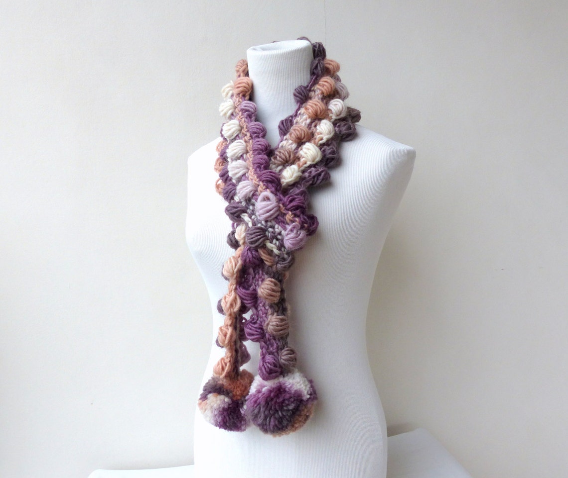 Purple Scarf with Pompoms womens purple scarf wool scarf | Etsy