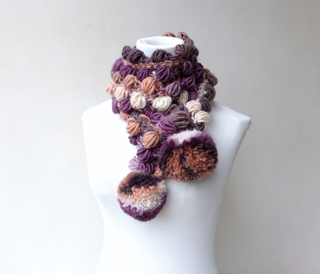 Purple Scarf With Pompoms , Womens Purple Scarf, Wool Scarf, ON SALE - Etsy