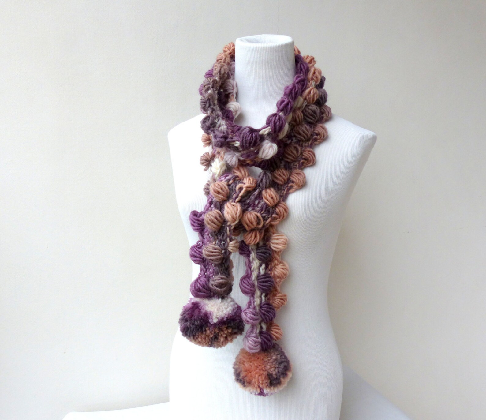 Purple Scarf With Pompoms Womens Purple Scarf Wool Scarf - Etsy