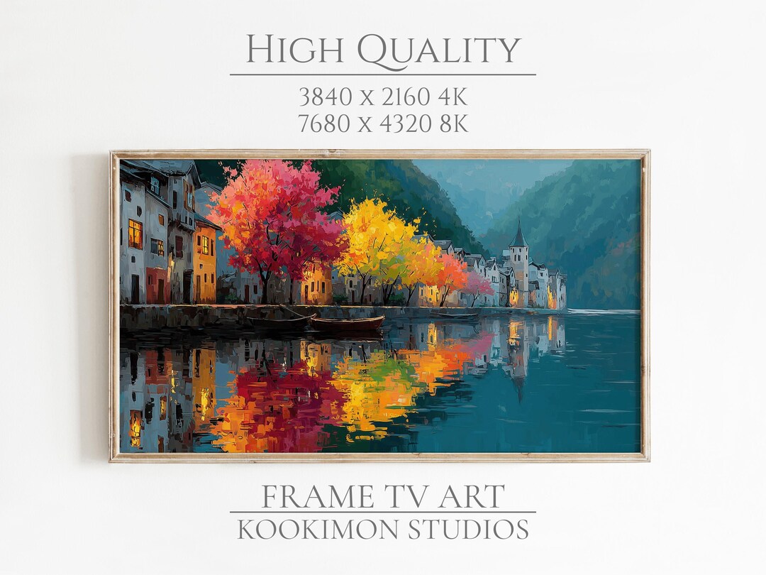 Arte de TV con marco de otoño Village Lake: Arte de pared escénico 4K ...