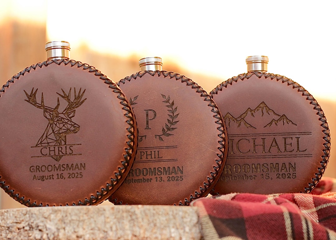 Personalized Leather Flask: Engraved Groomsmen Gift With Gift Box - Etsy