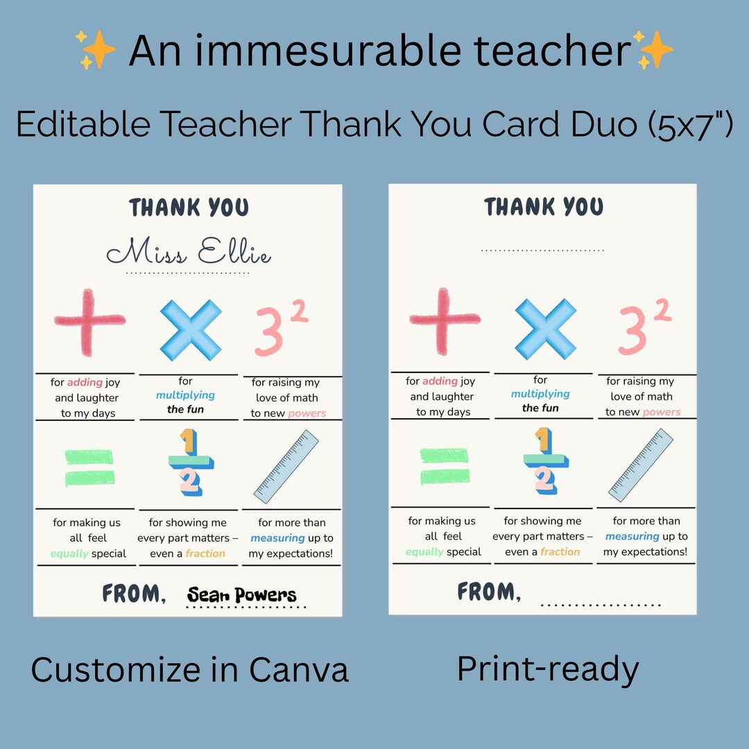 Editable Math Teacher Thank You Card Printable 5x7 Duo With Fun Math ...