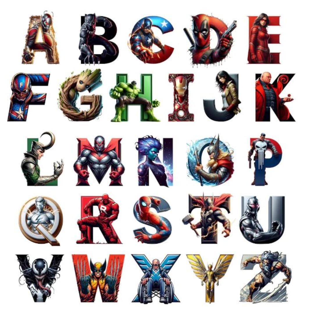 Avengers ABC! Superhero Font Pngs With 30+ Alphabets & Backgrounds ...