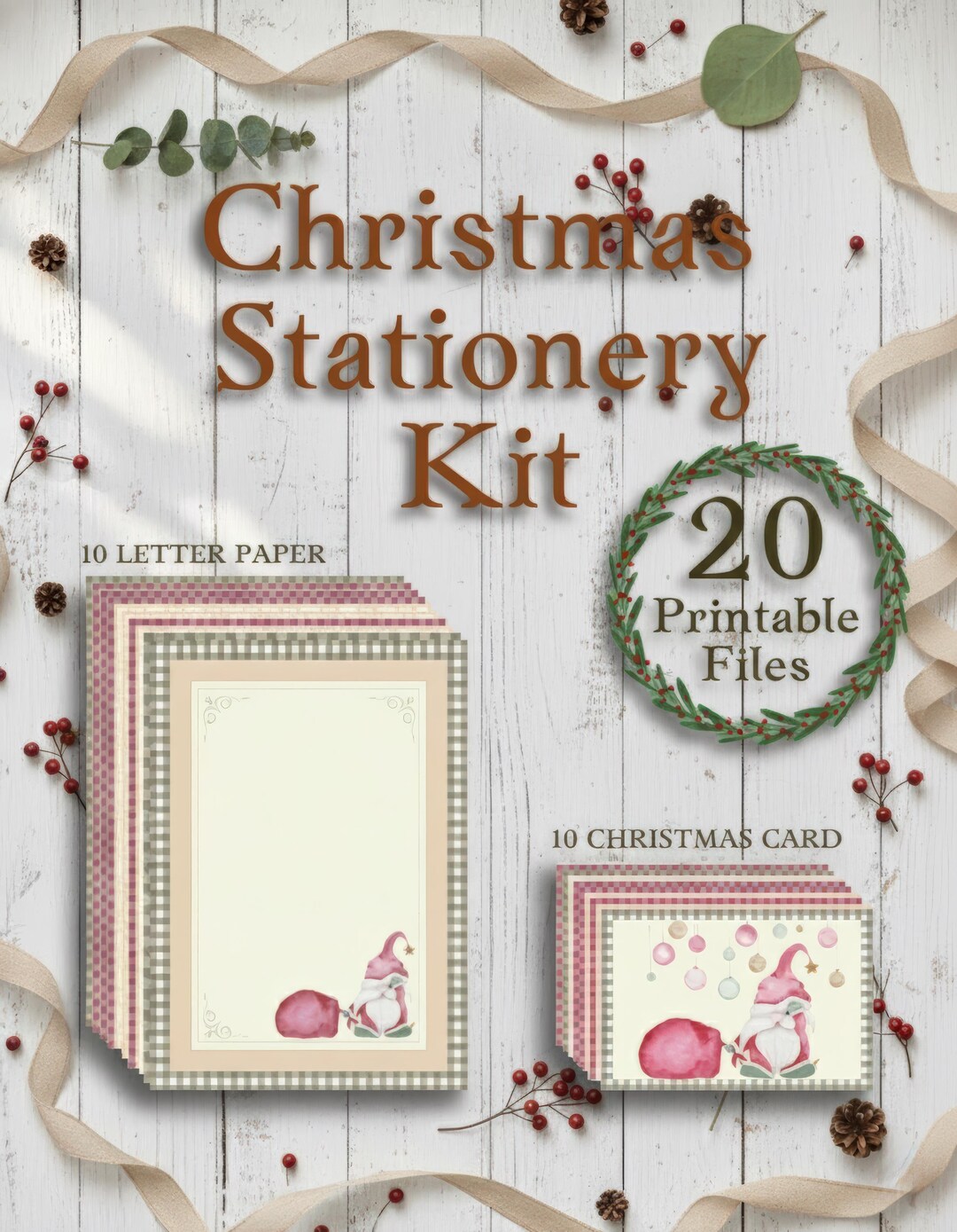 Printable Christmas Stationery Set, Watercolor Gnome Christmas Cards ...