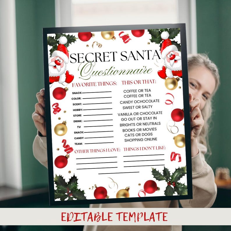Secret Santa Questionnaire | Editable Exchange (canva Template - Etsy
