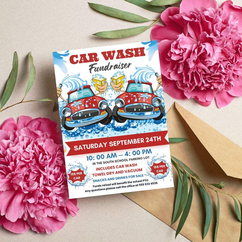 Editable Car Wash Fundraiser Flyer Template: School PTA Event (canva ...