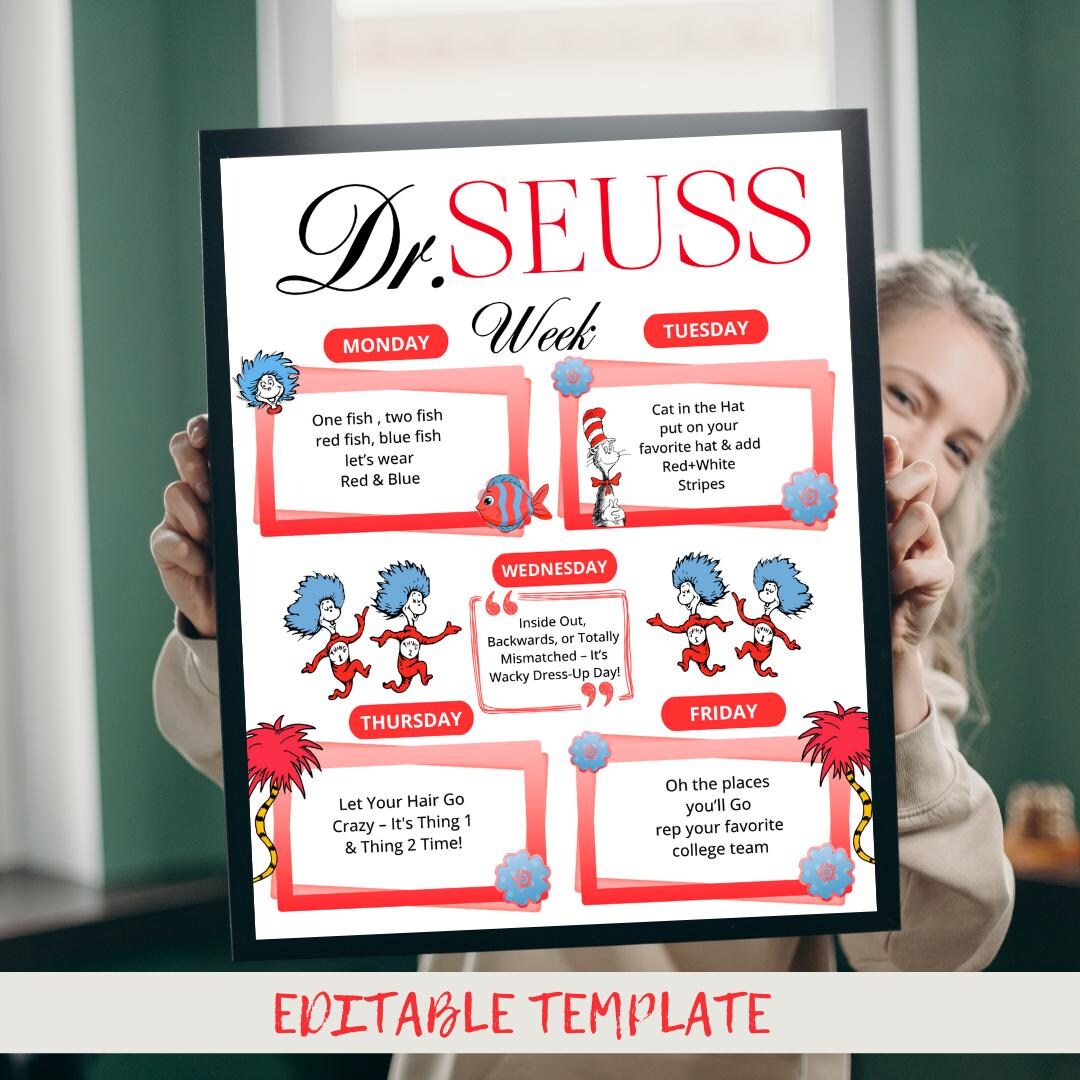 Dr. Seuss Spirit Week Flyer: Read Across America 2025, Editable Canva ...