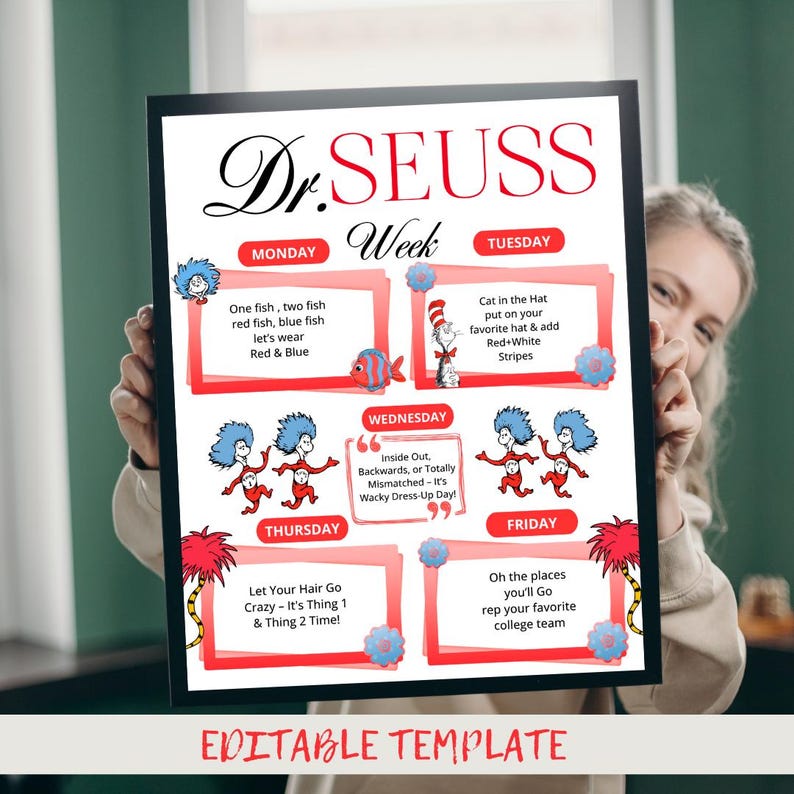 Dr. Seuss Spirit Week Flyer: Read Across America 2025, Editable Canva ...