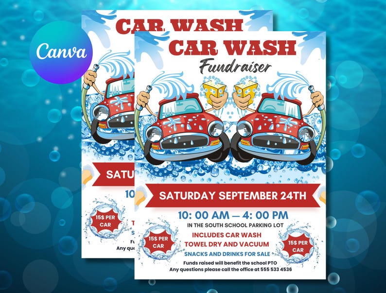 Editable Car Wash Fundraiser Flyer Template: School PTA Event (canva ...