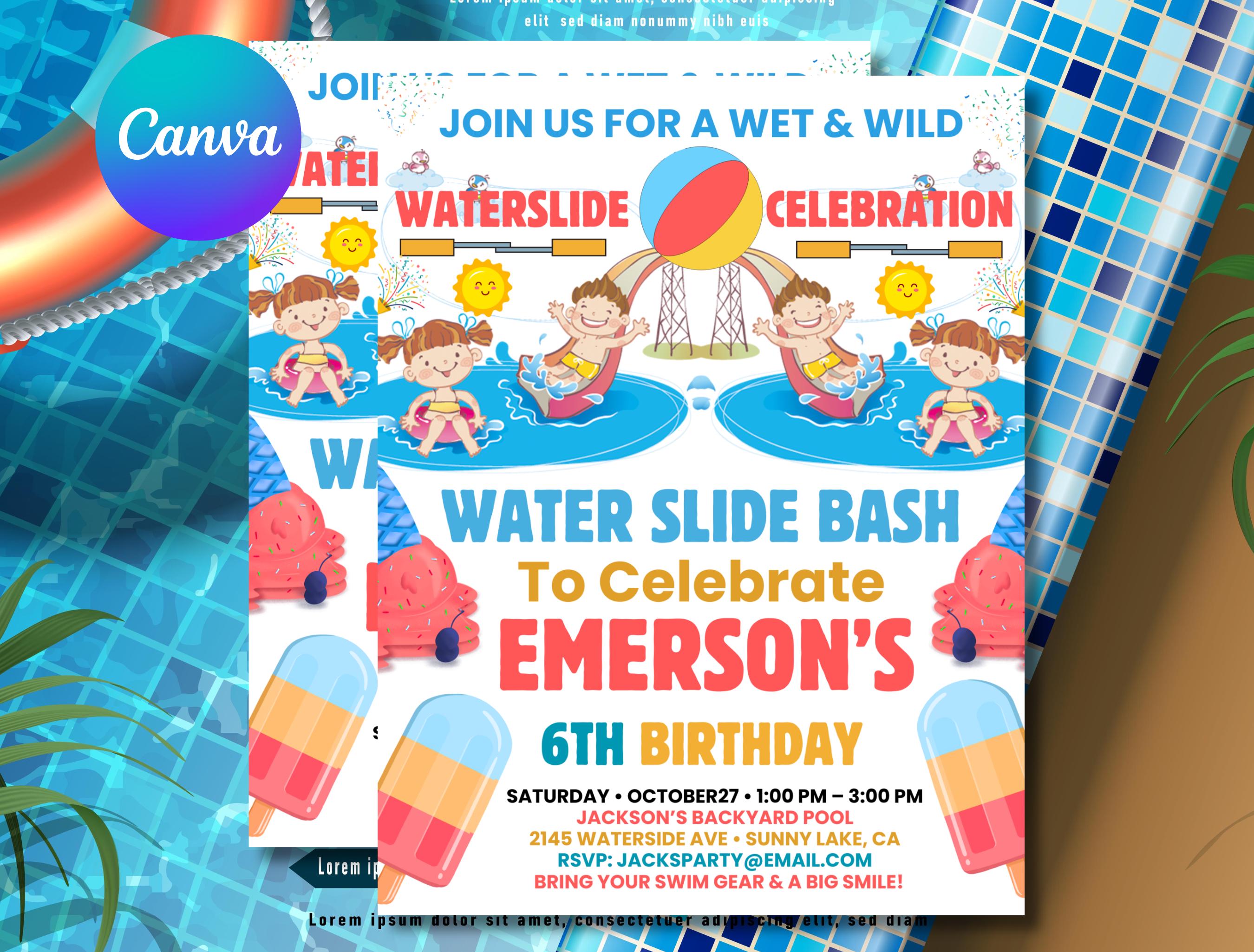Editable Water Slide Birthday Invitation: Blue Splash Party (8.5x11 ...