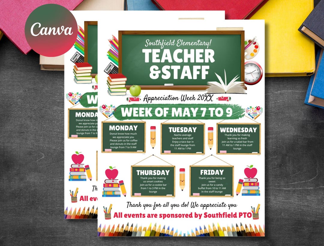 Editable Teacher Appreciation Week Flyer: Rainbow Chalkboard Schedule ...