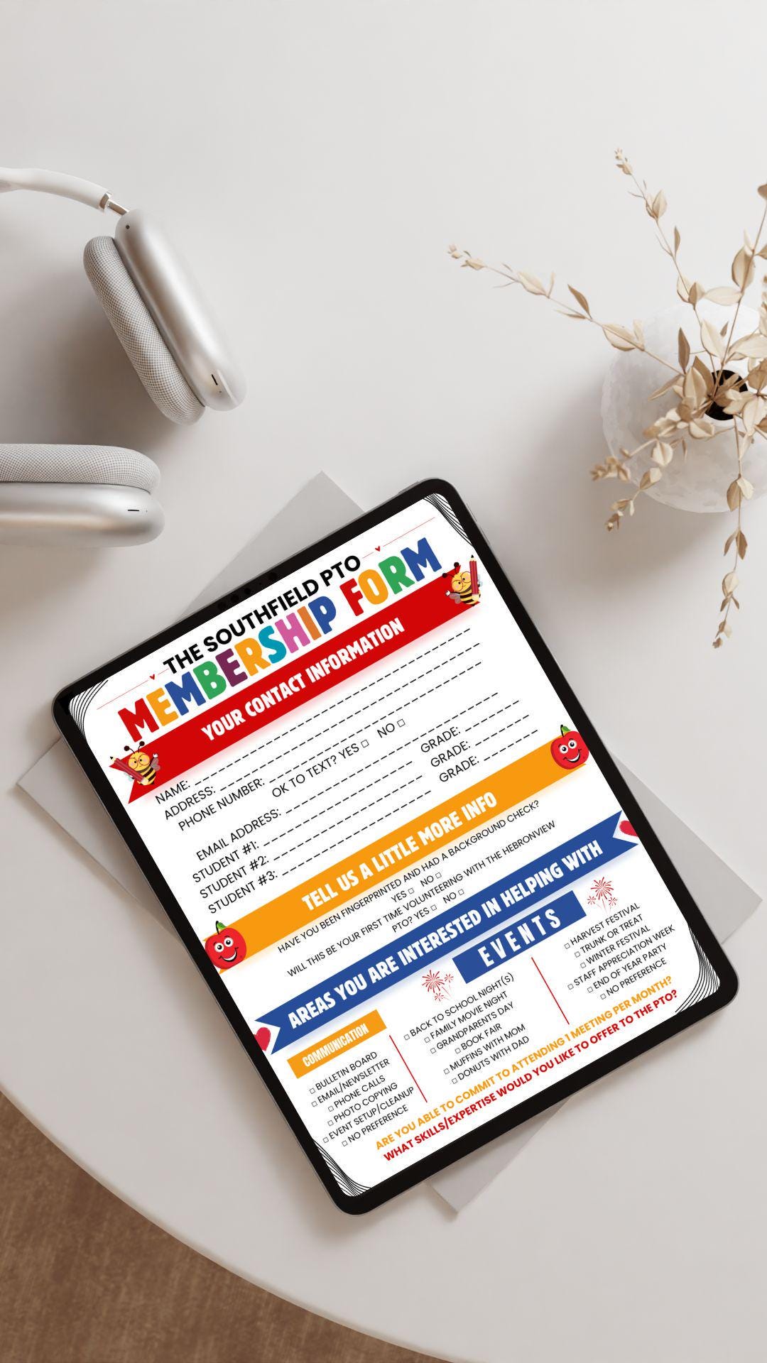 Editable PTO PTA Membership & Volunteer Form: School Newsletter ...