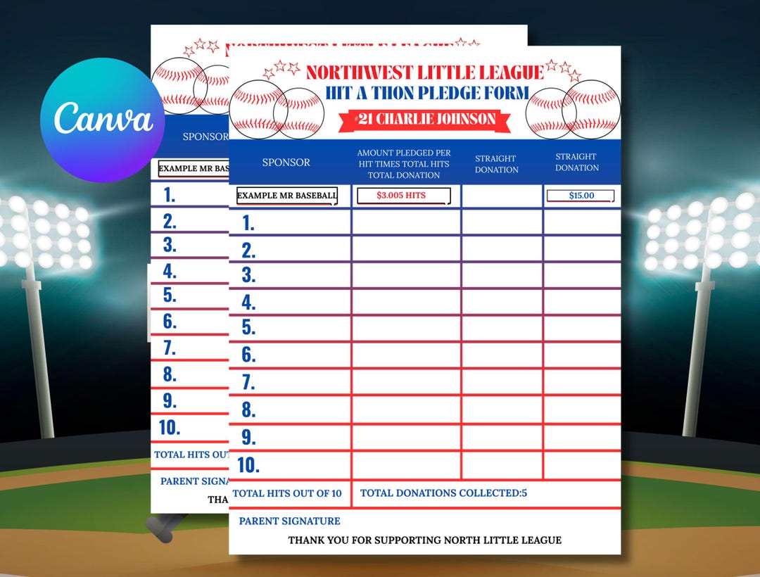 Baseball Hit-a-thon Pledge Sheet: Editable Team Fundraiser (canva ...